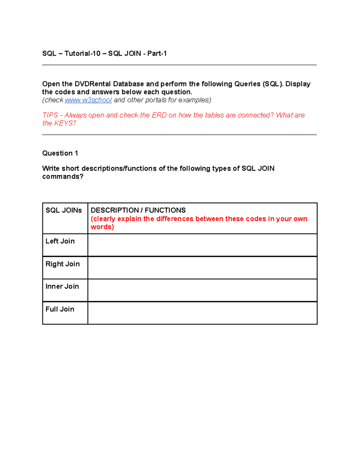 T10 – SQL JOIN - Part 1 - Queries & Examples in DVDRental DB - Studocu