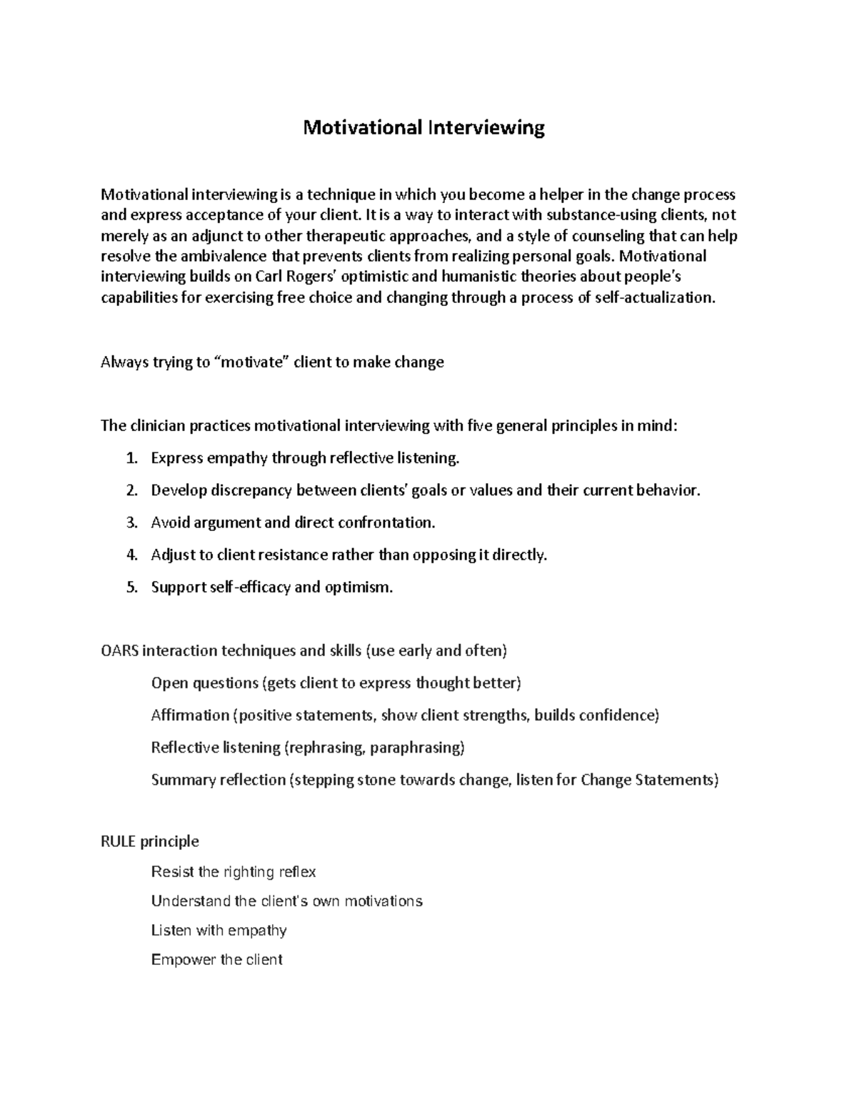 Motivational Interviewing Techniques and Principles for Change - Studocu