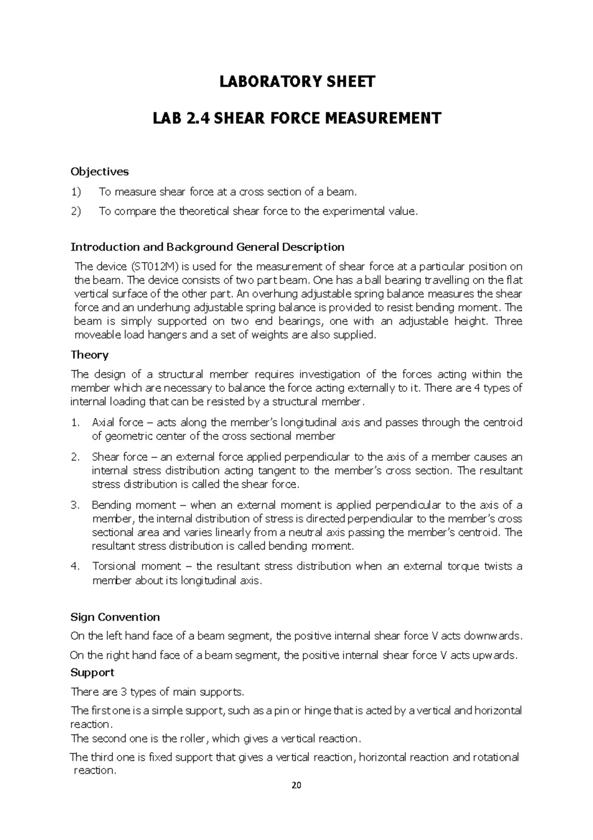 Lab manual sheet (updated Exp 4-6) - LABORATORY SHEET LAB 2 SHEAR FORCE MEASUREMENT Objectives ...