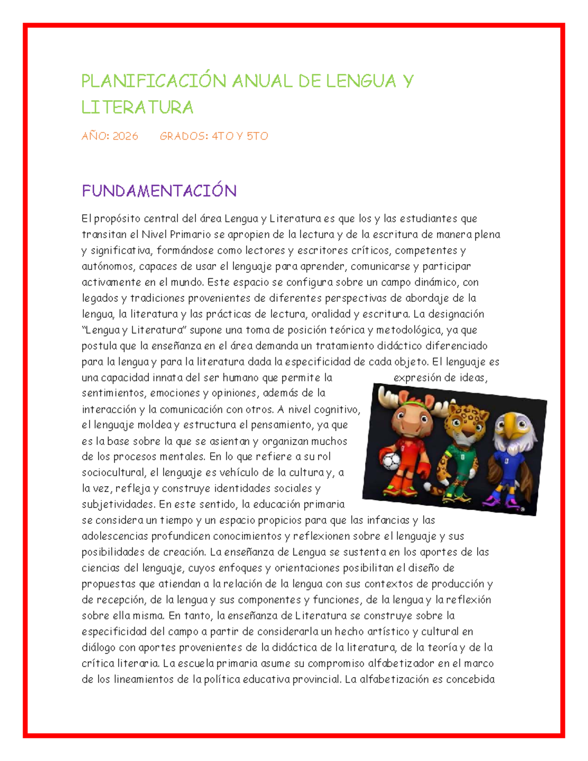 Planificación Anual de Lengua y Literatura 2026 para 4to y 5to Grado ...