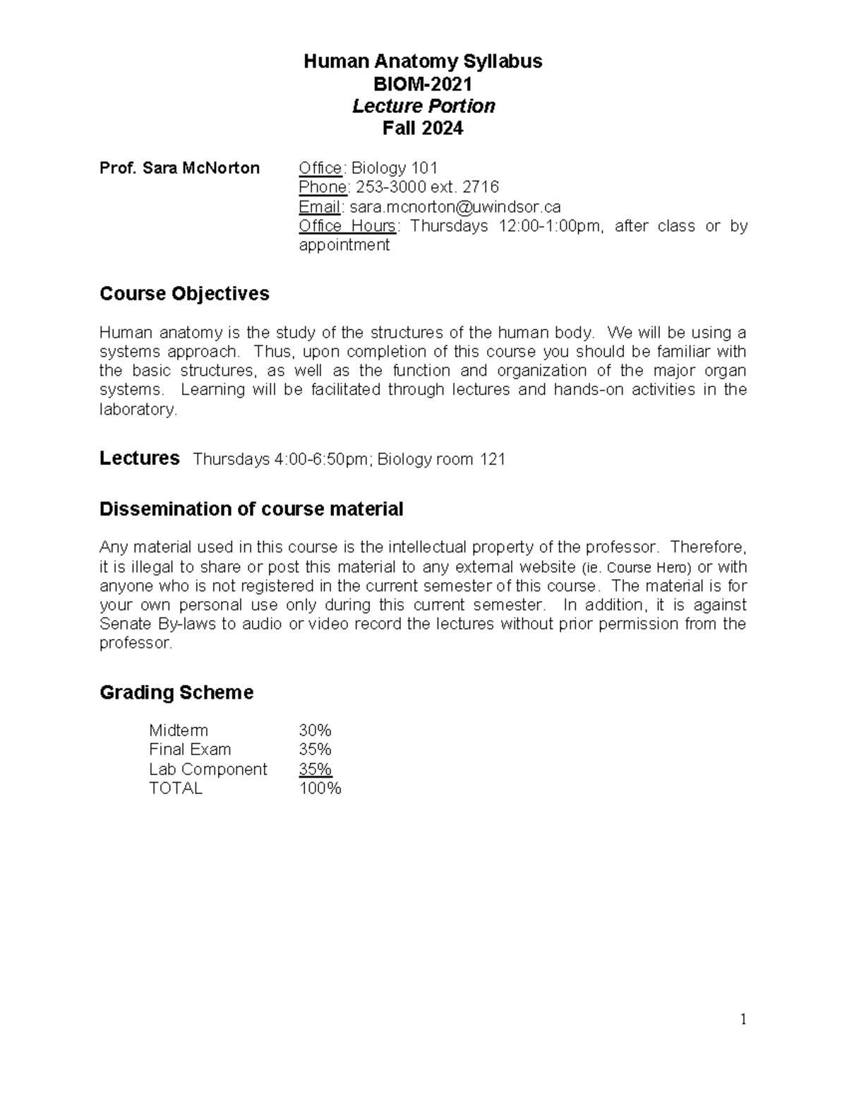 Human Anatomy Syllabus (BIO 101) - Lecture Portion Fall 2024 - Studocu