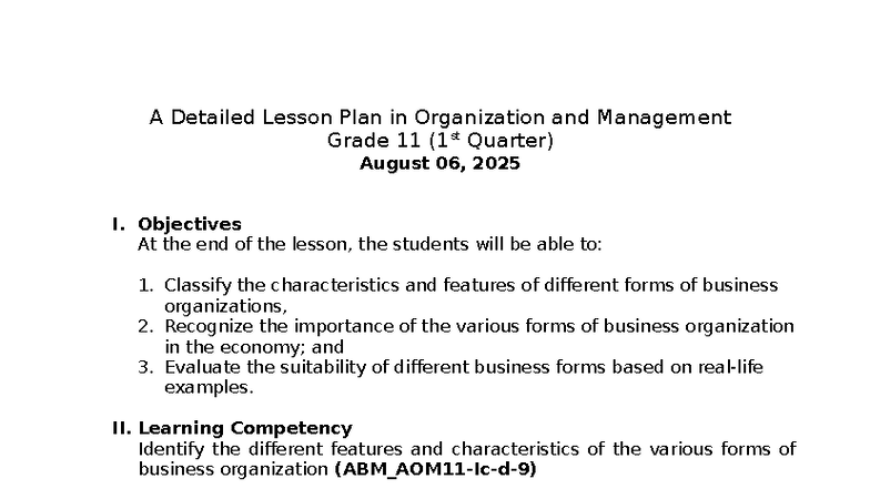Grade 11 Organization & Management Lesson Plan: Business Forms (1st ...