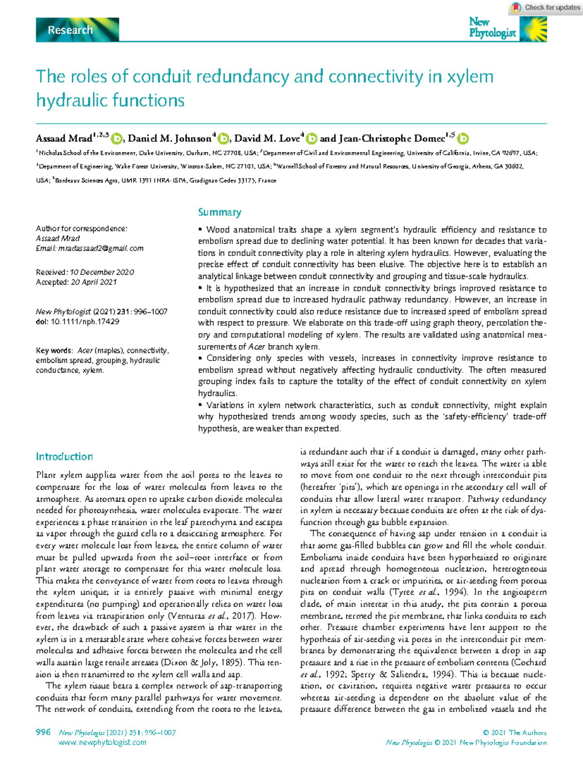New Phytologist - 2021 - Mrad - The roles of conduit redundancy and ...