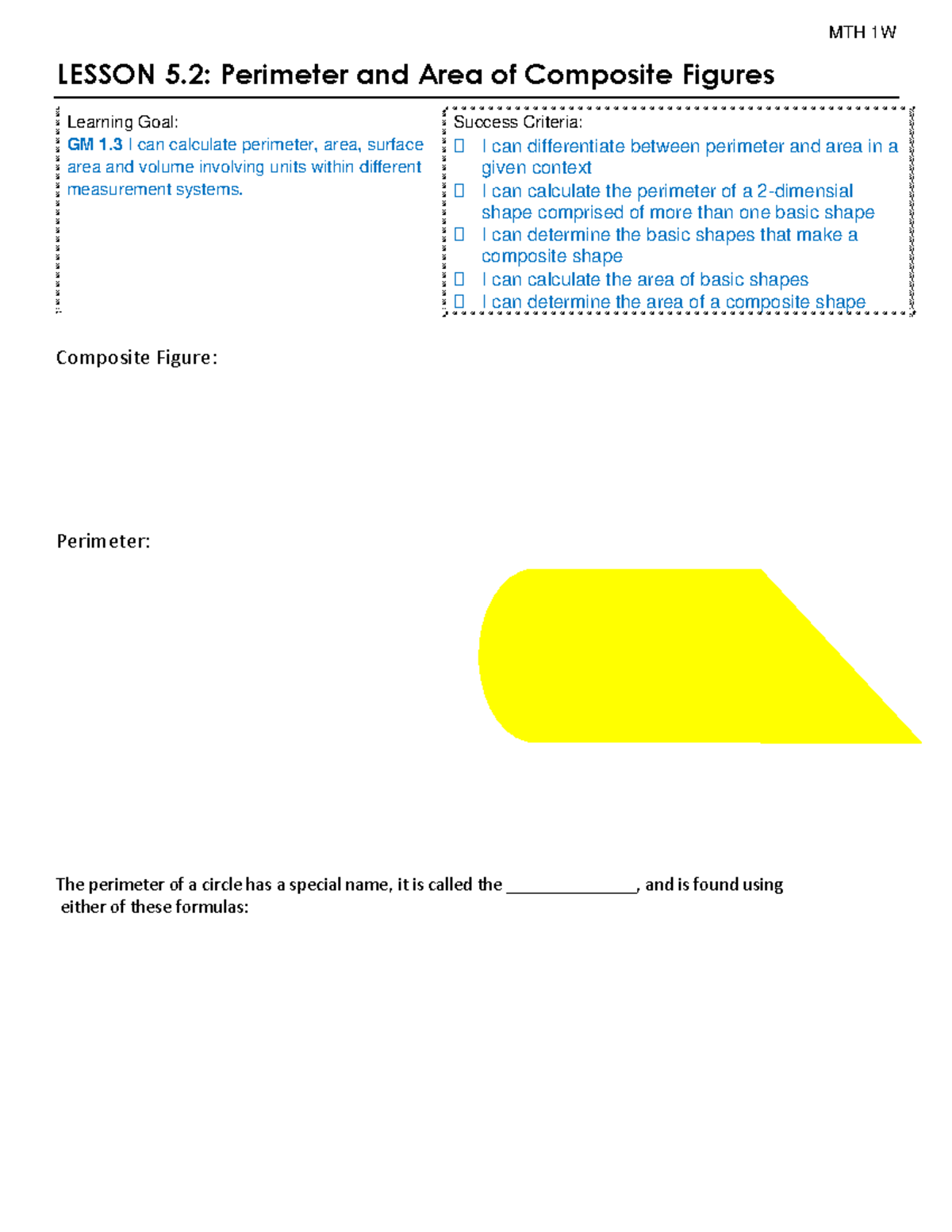 MTH 1W: Lesson 5.2 - Perimeter & Area of Composite Shapes Notes - Studocu