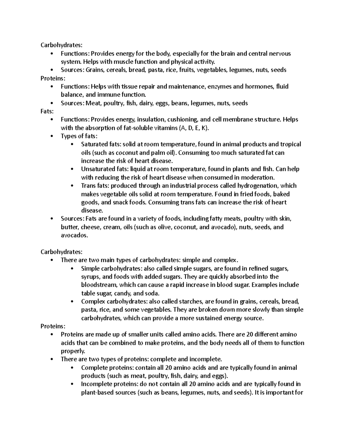 Nutrition Overview: Carbohydrates, Proteins, and Fats Note - Studocu