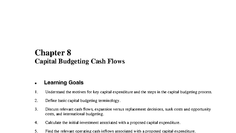 Chapter 8: Capital Budgeting Cash Flows - Key Learning Goals and ...