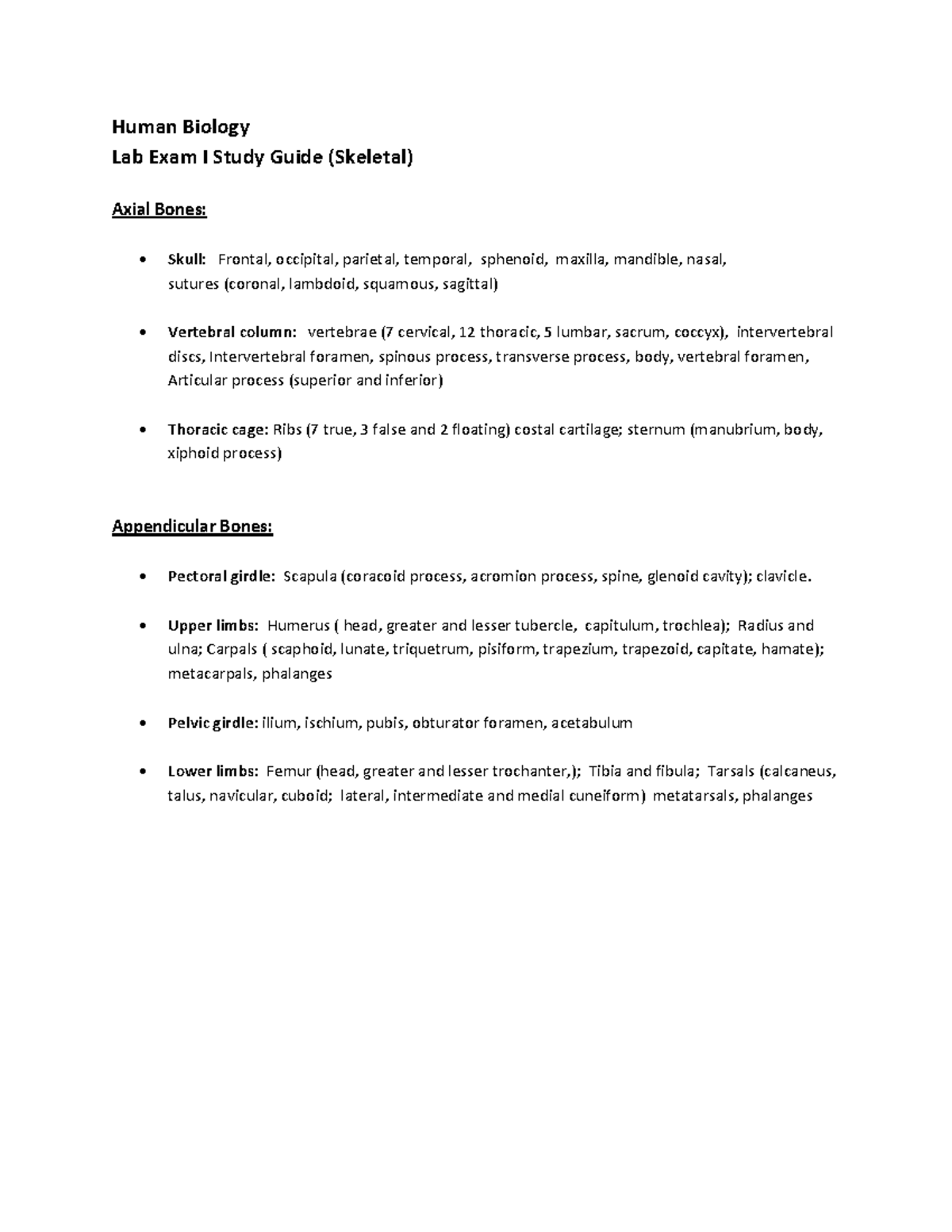 Human Biology Lab Exam I Study Guide: Skeletal System Overview - Studocu