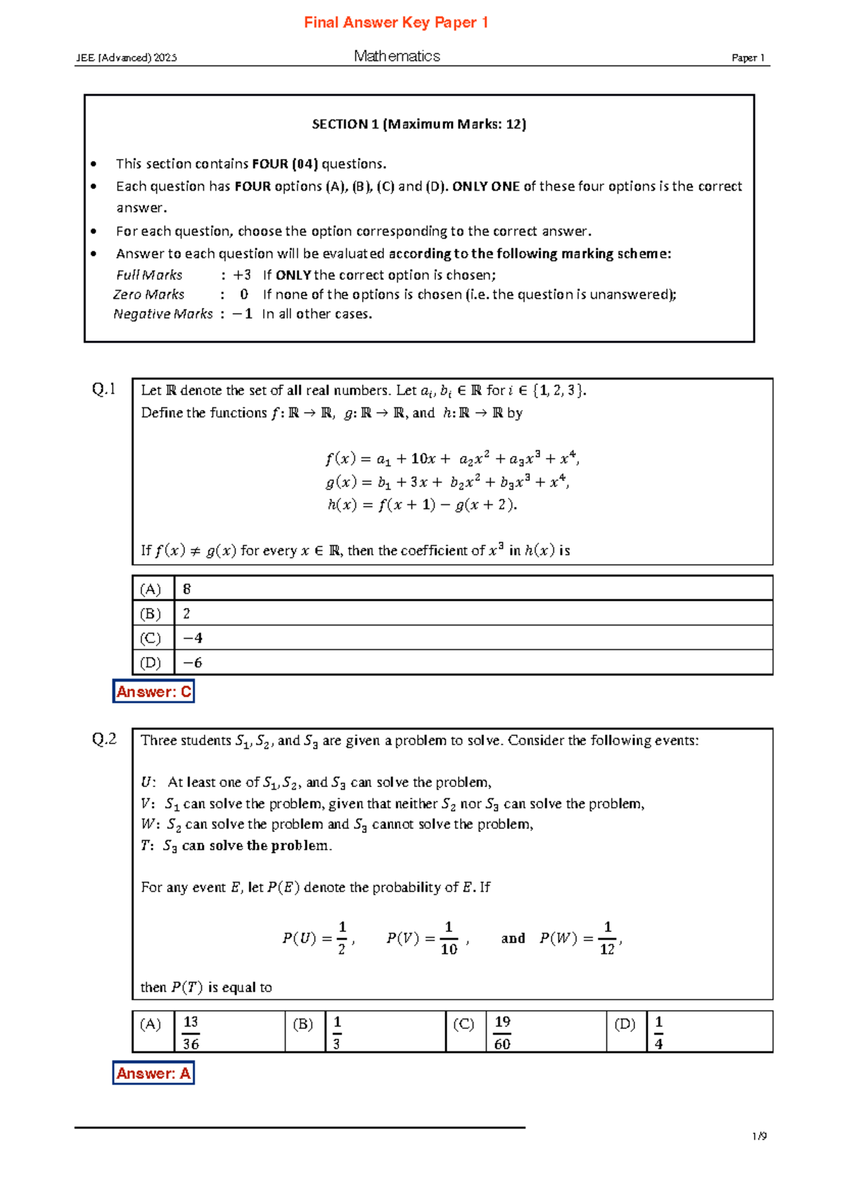 JEE (Advanced) 2025 Final Answer Key Paper 1 Mathematics - Studocu