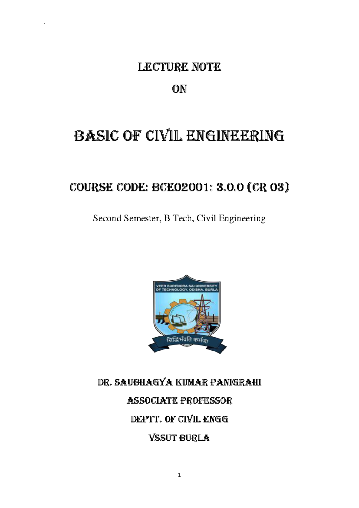 LECTURE NOTES ON BASIC OF CIVIL ENGINEERING (BCE02001) - Studocu