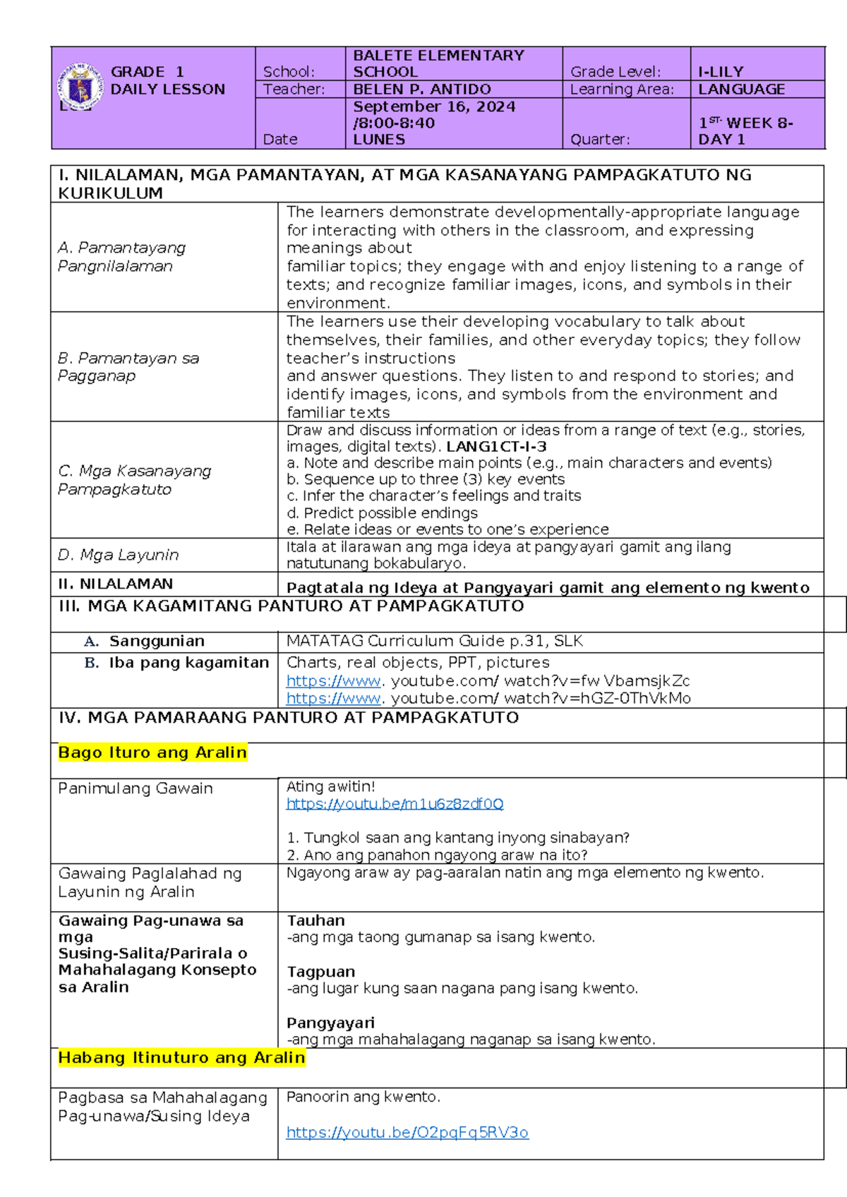 WEEK 8 DAY 1 LANGUAGE LESSON PLAN for GRADE 1 (I-LILY) - Studocu