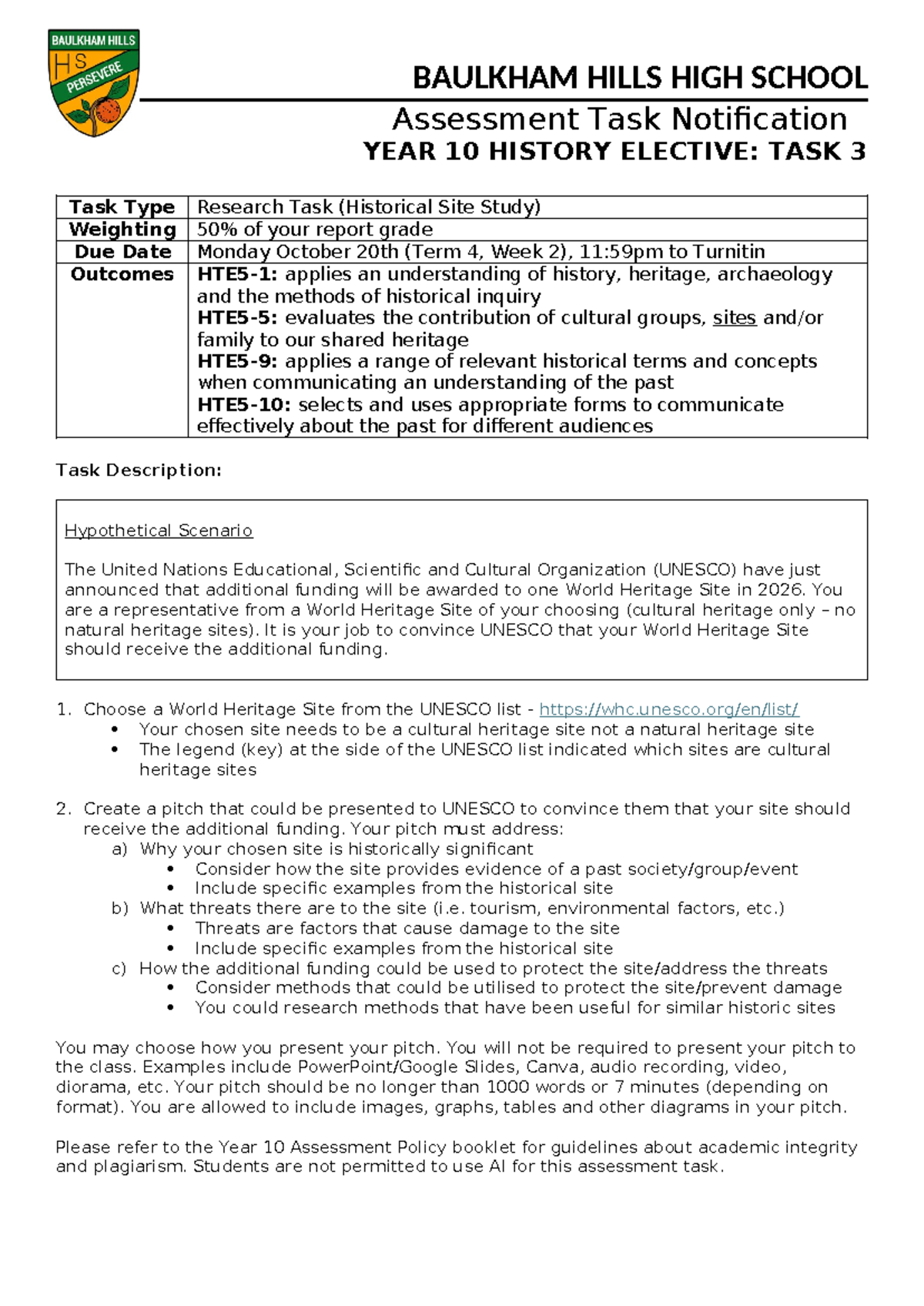 YEAR 10 HISTORY ELECTIVE: Task 3 - UNESCO World Heritage Site Pitch ...