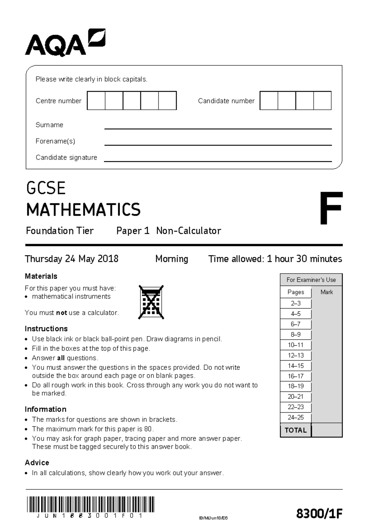 GCSE MATHEMATICS Foundation Tier F Paper 1 - June 2018 QP - Studocu