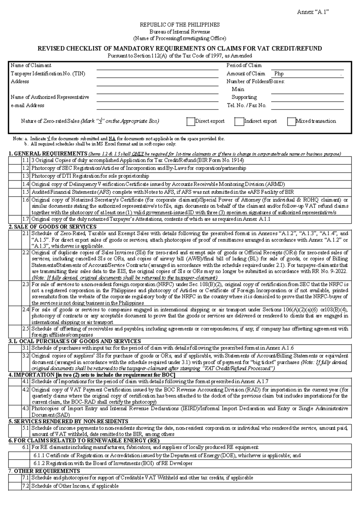 Annex A.1 Checklist for VAT Claims Under Section 112(A) - Studocu