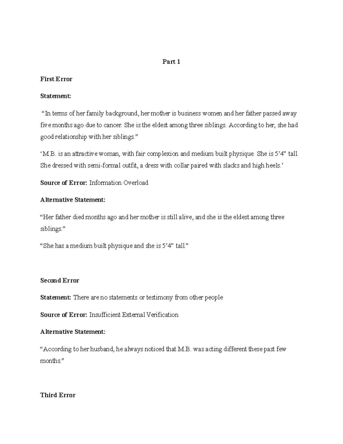 Clinical Psychology Finding Error - Part 1 First Error Statement: