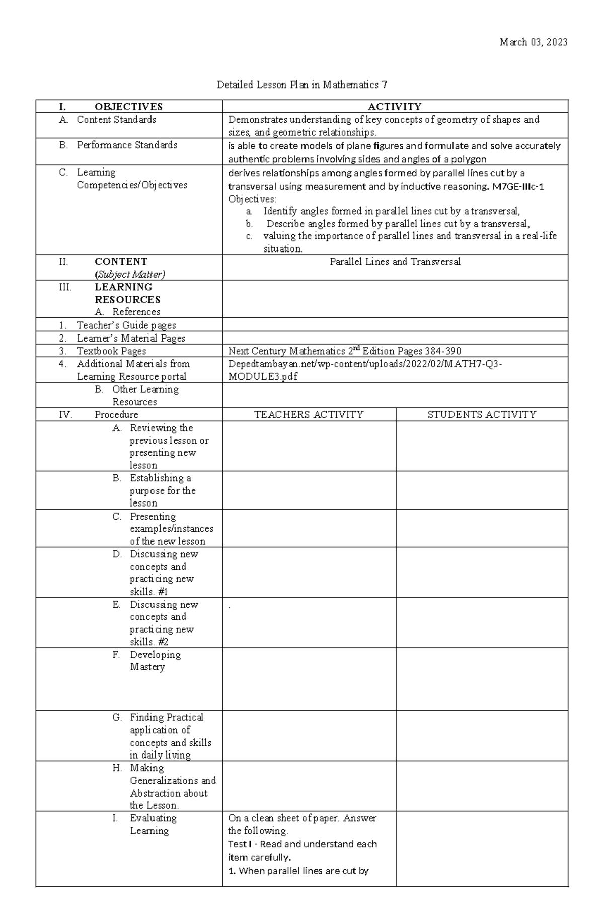 LP in Math 7 W3D5 - Geometry Lesson Plan for 7th Grade (Q3/Q4) - Studocu