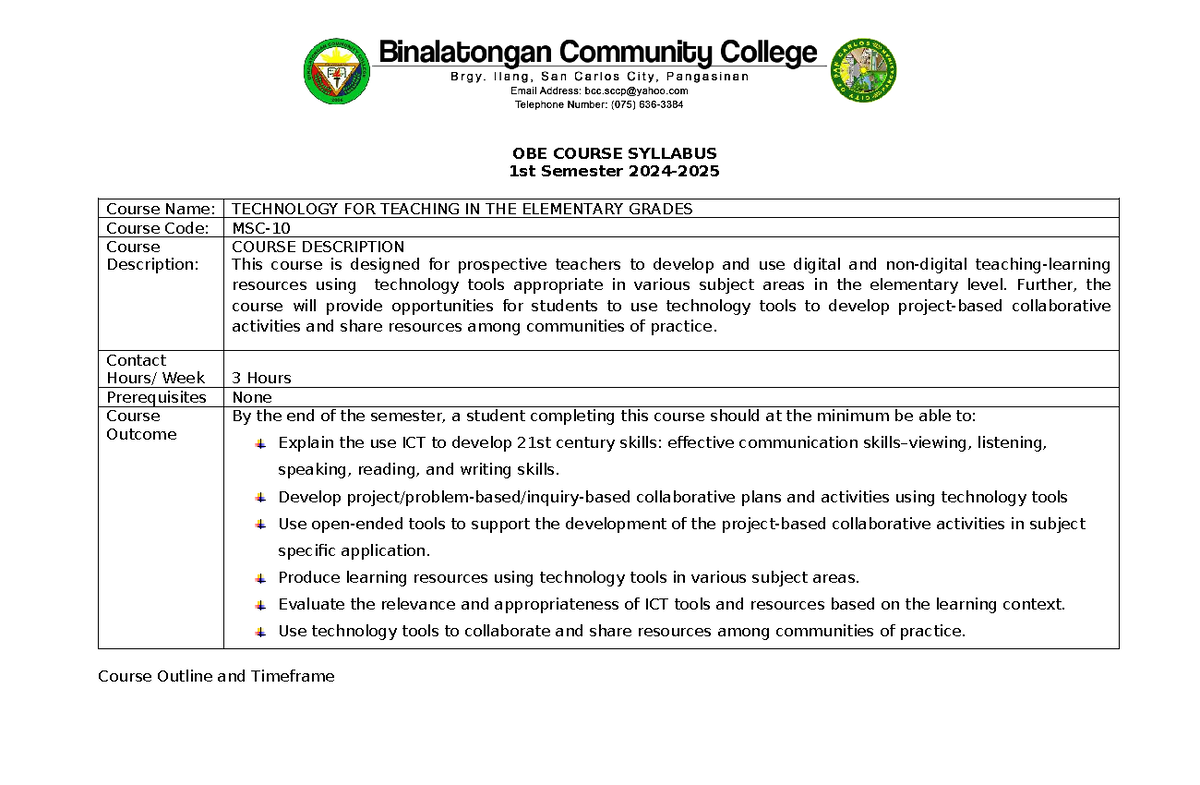 Final Syllabus for Technology for Teaching in Elementary Grades (TFT ...