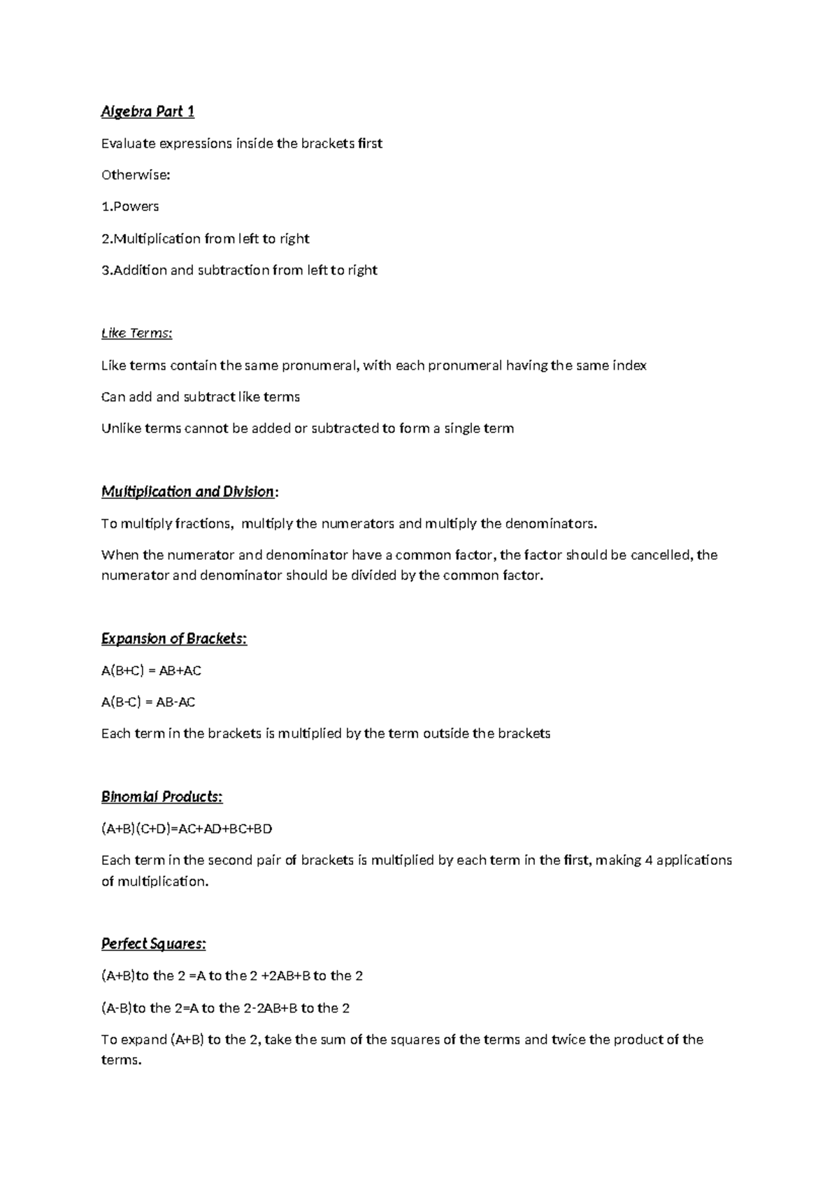 Algebra 101 - Part 1: Expression Evaluation & Operations Notes - Studocu