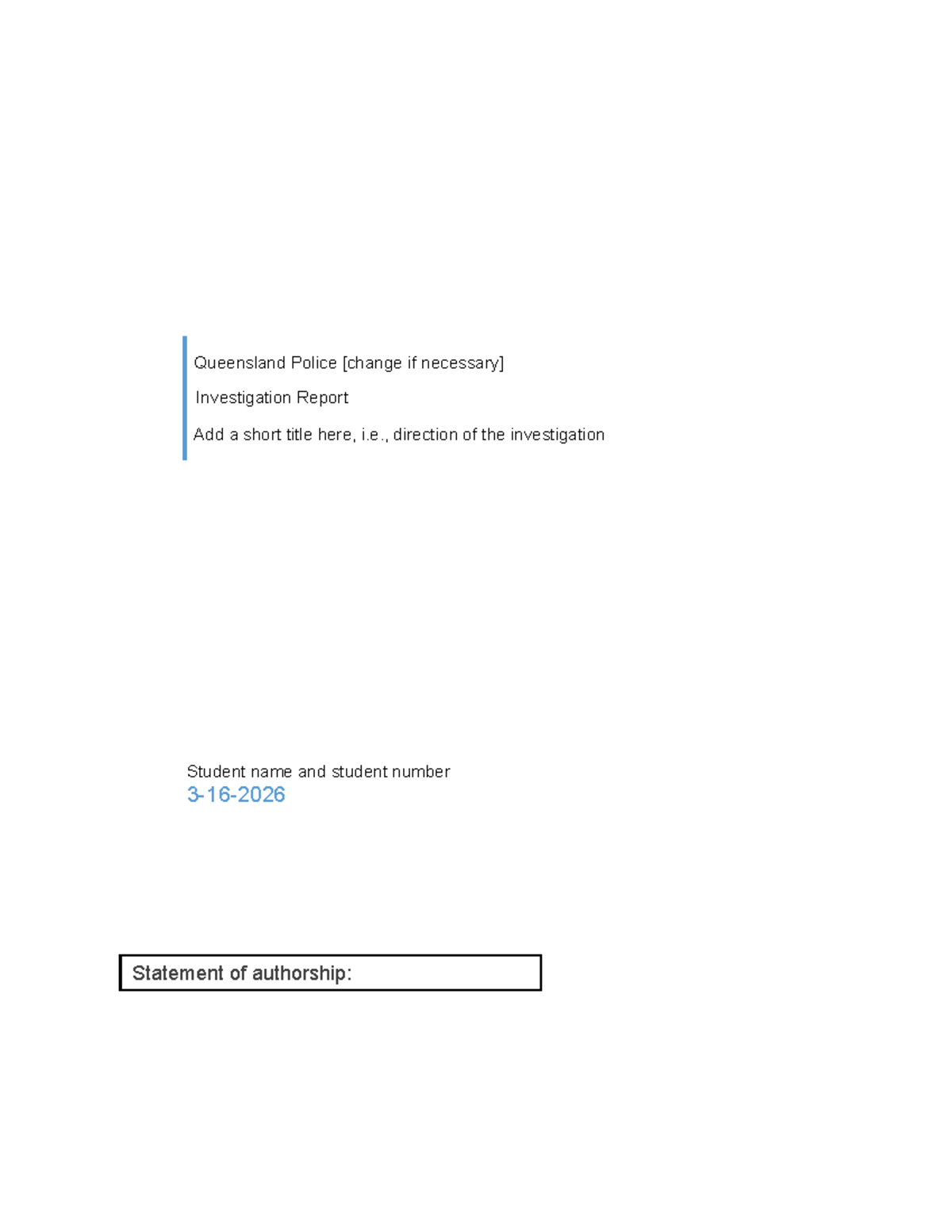 JSB235 2026 Investigation Report Template for QLD Police - Studocu