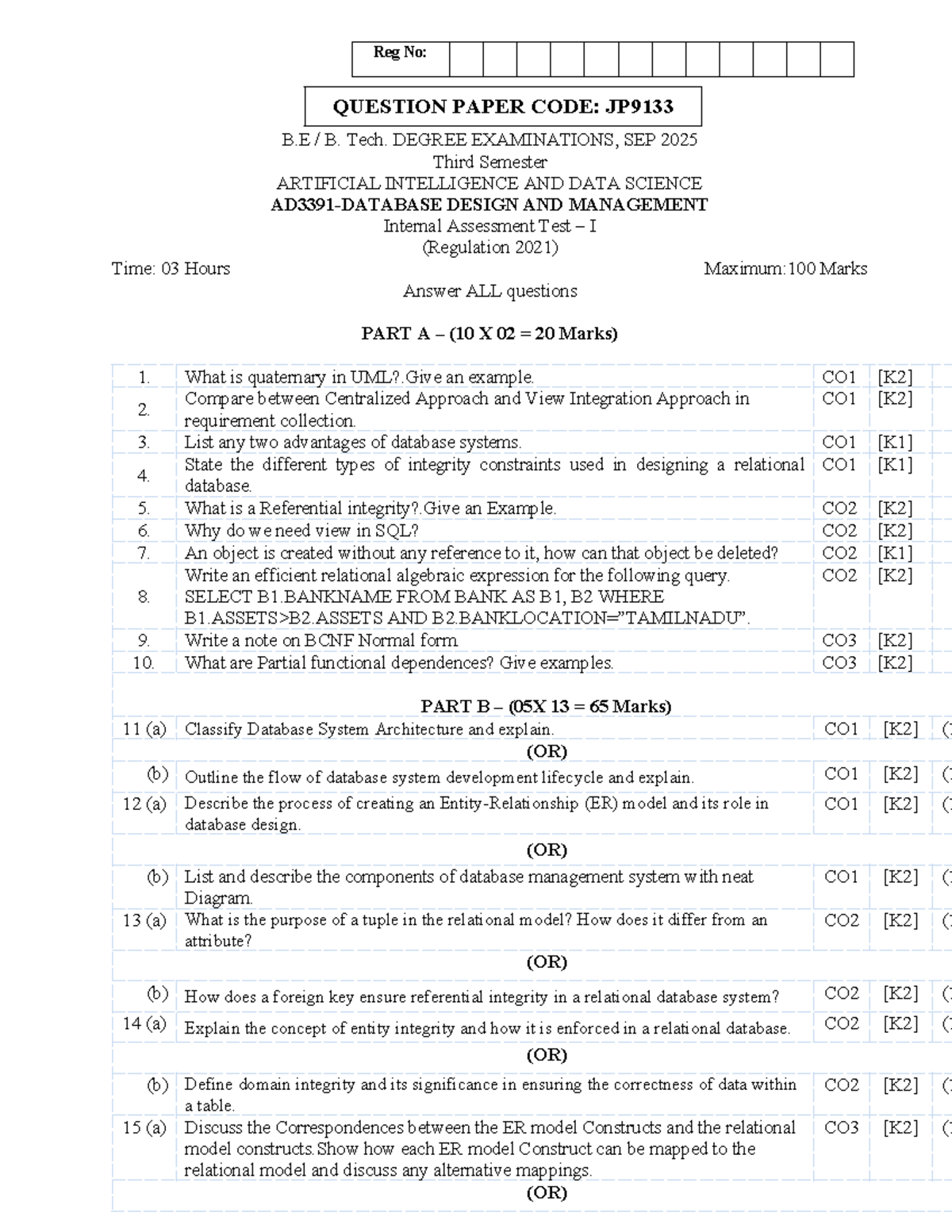 AD3391 - IAT-1 Question Paper on AI & Data Science Design - Studocu