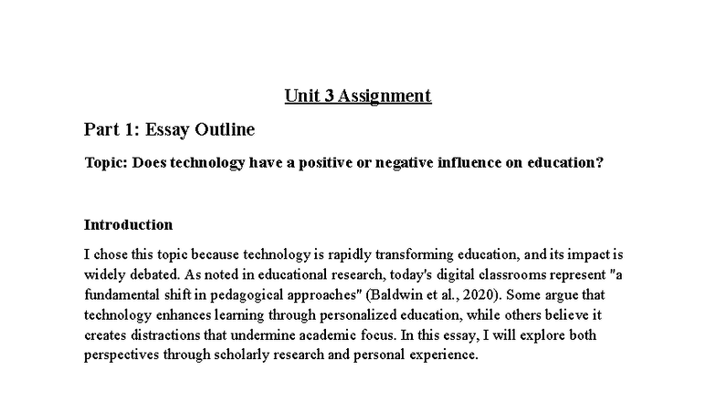 Unit 3 Assignment Part 1: Essay Outline on Tech's Impact on Education ...