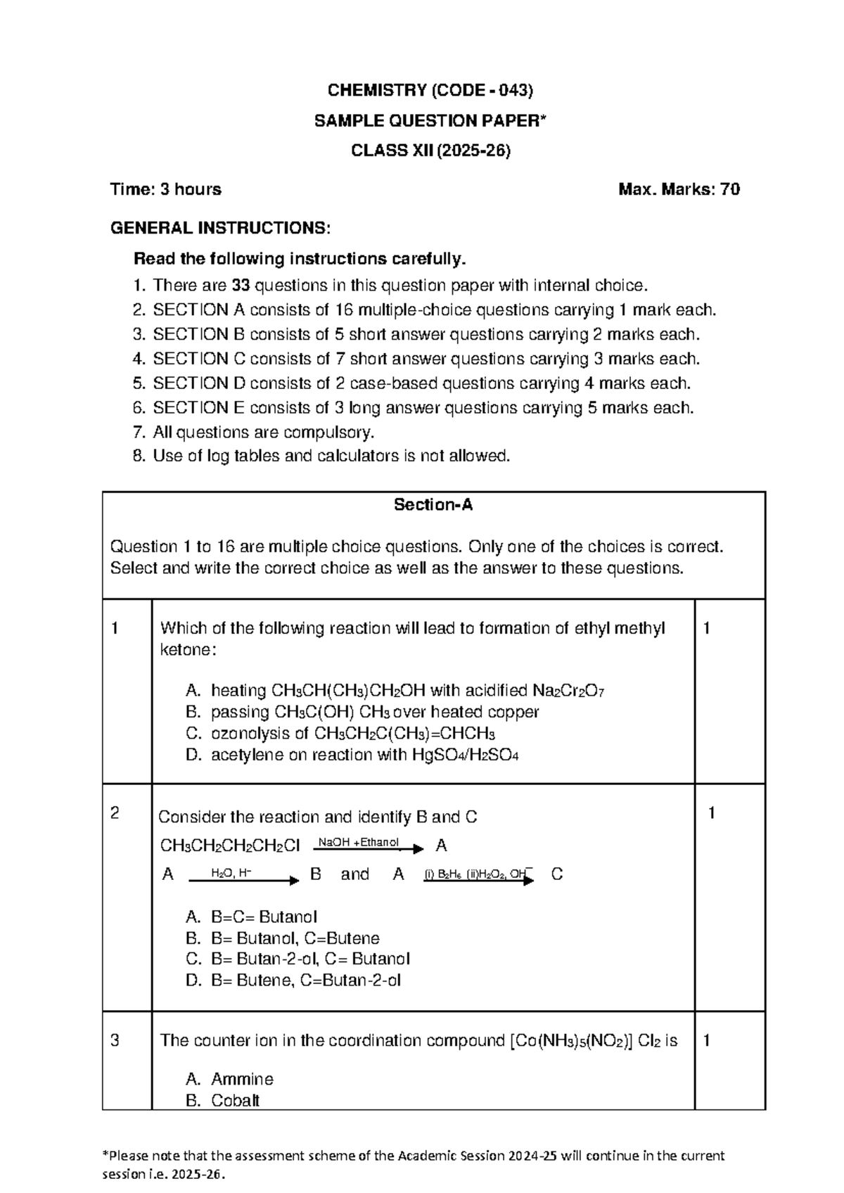 Chemistry (Code 043) Sample Question Paper for Class XII - Studocu