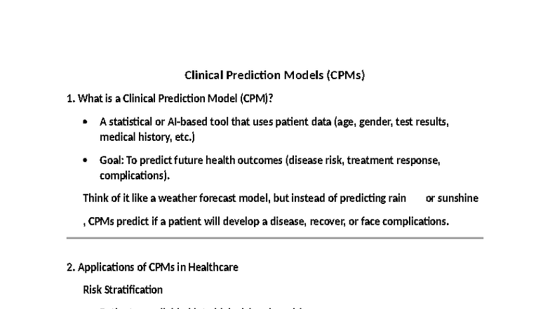 Clinical Prediction Models (CPMs) - Unit 3 Overview - Studocu