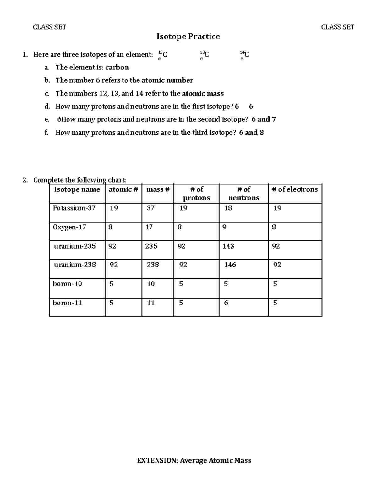 Copy of isotope practice - CLASS SET CLASS SET Isotope Practice Here ...