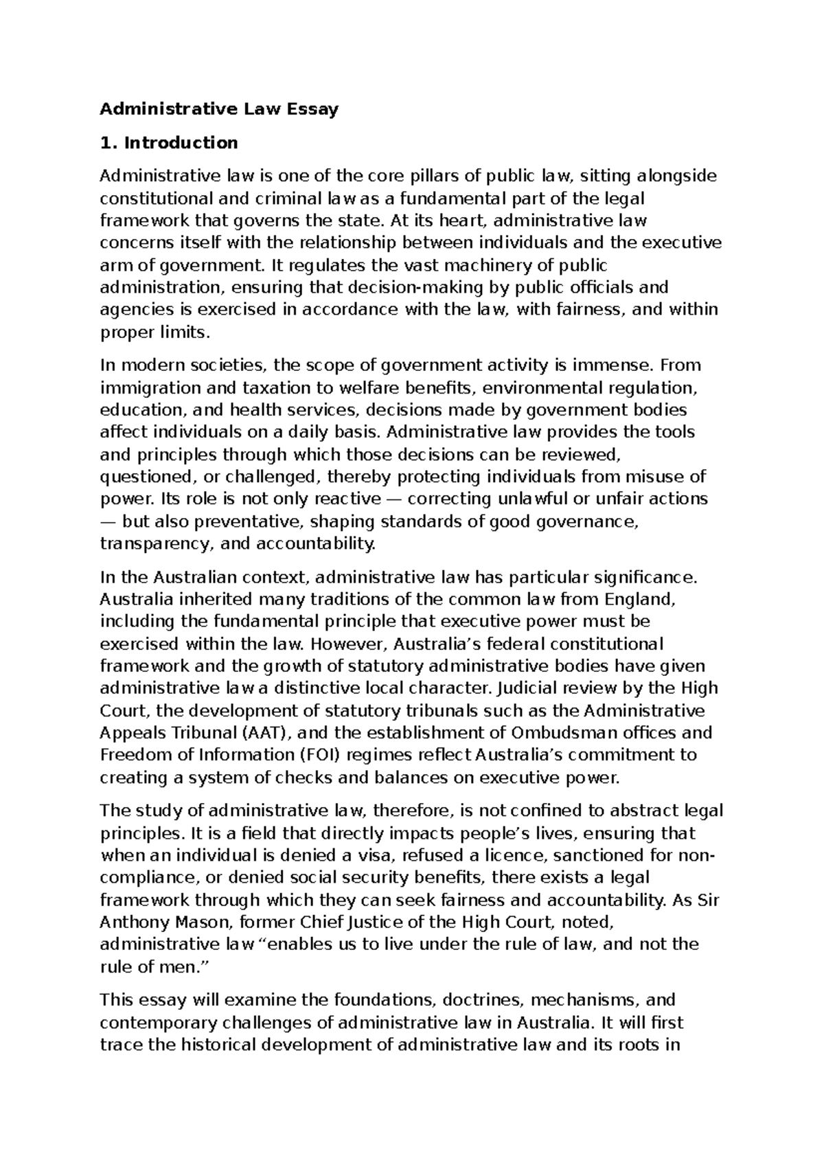 Administrative Law Essay 1: Foundations and Contemporary Challenges ...