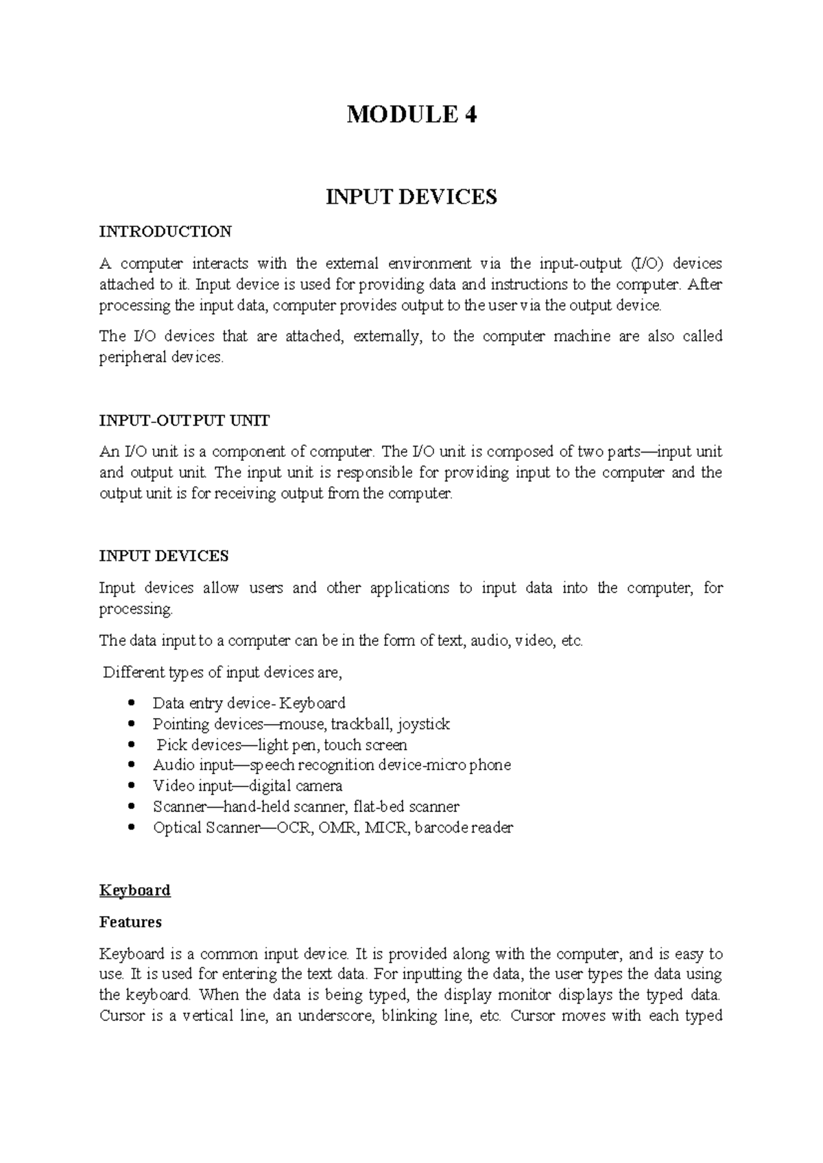 Module 4 - Computer Fundamentals: Input & Output Devices Notes - Studocu