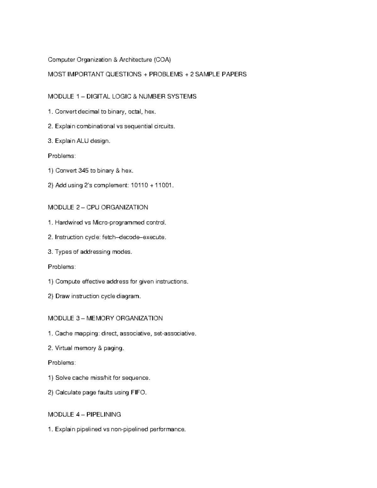 COA Important Questions & Problems: Digital Logic to Pipelining - Studocu