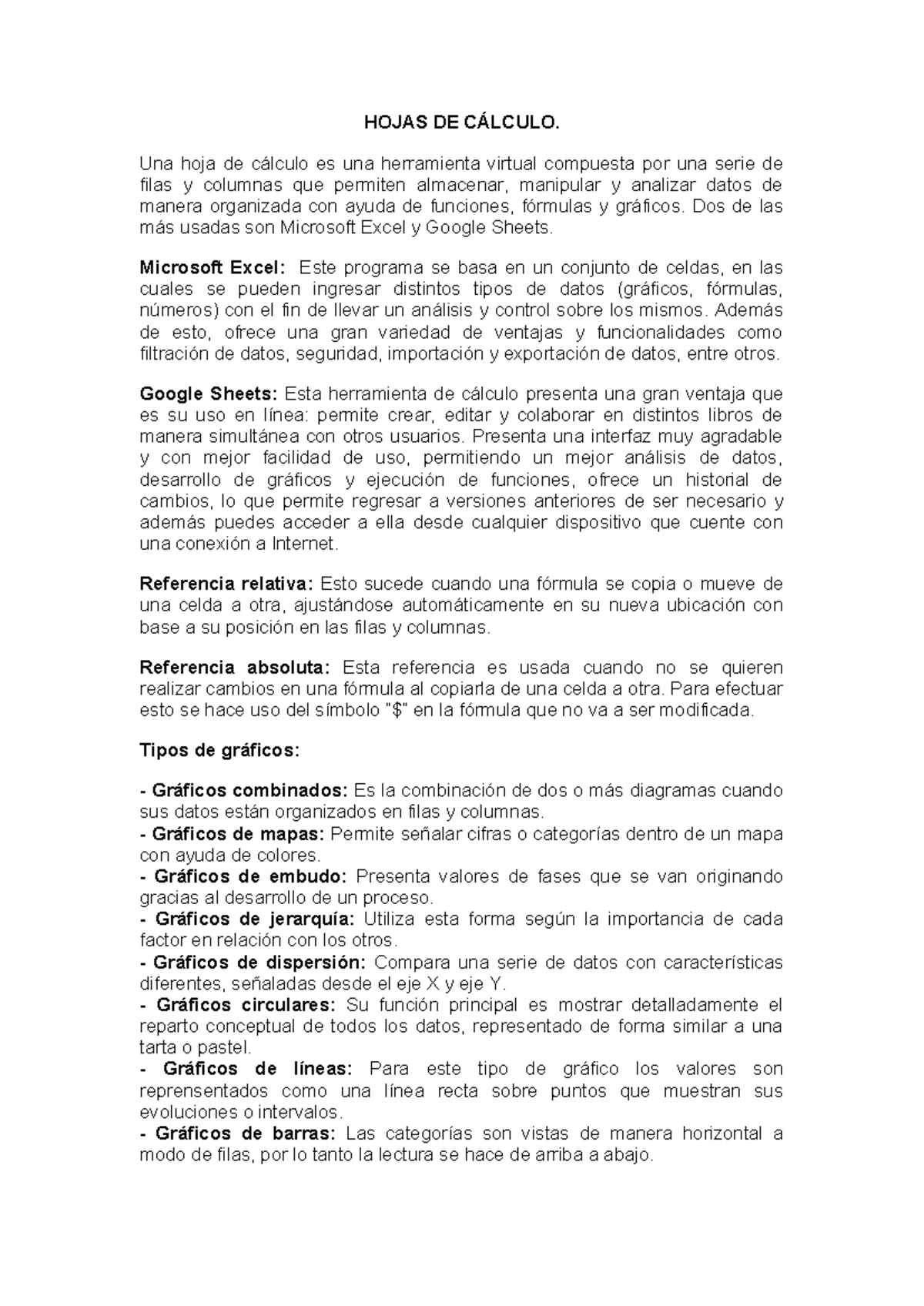 Hojas de Cálculo: Análisis y Funciones en Excel y Google Sheets - Studocu