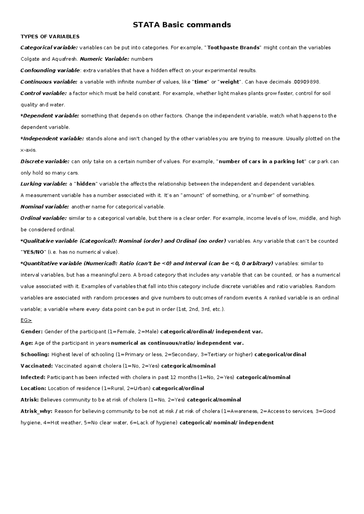 Stata Cheatsheet - STATA Basic commands TYPES OF VARIABLES Categorical variable: variables can ...