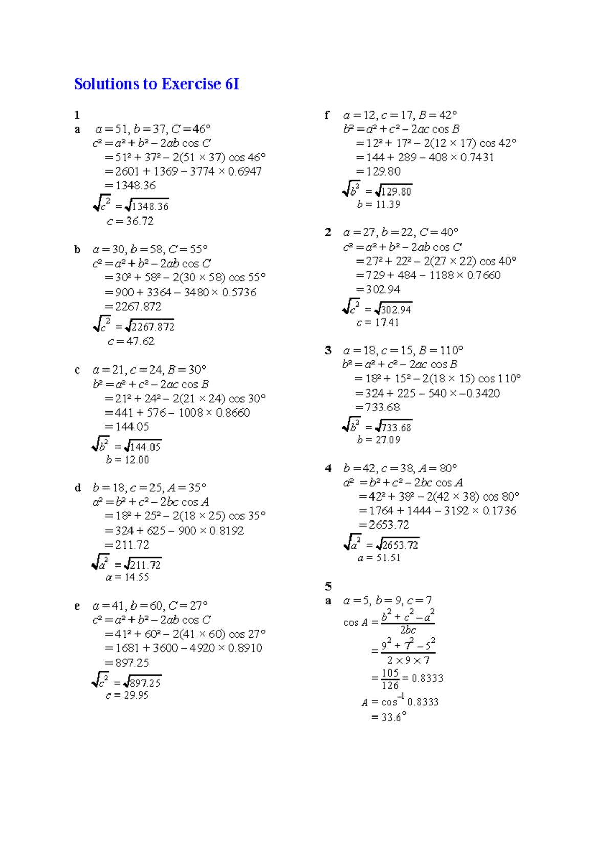 Solutions to Exercise 6I: Trigonometric Calculations and Results - Studocu