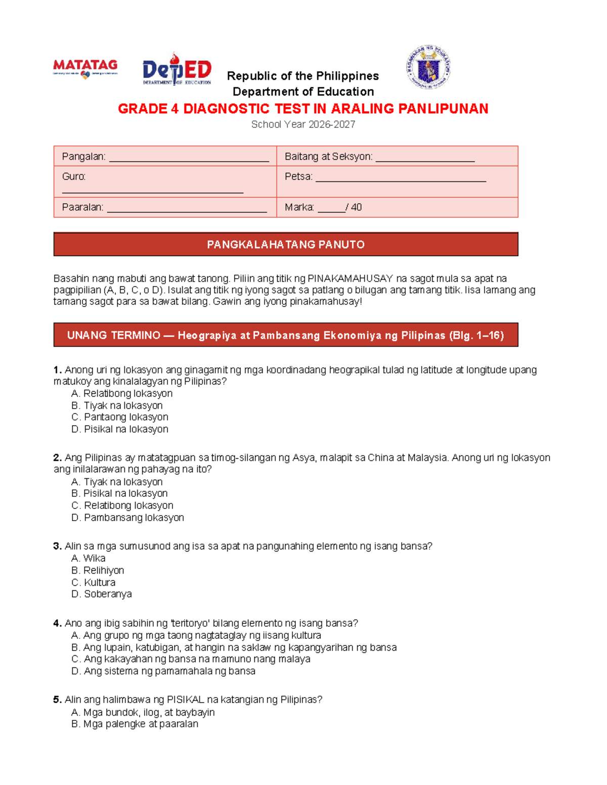 Grade 4 AP Diagnostic Test in Araling Panlipunan - Studocu