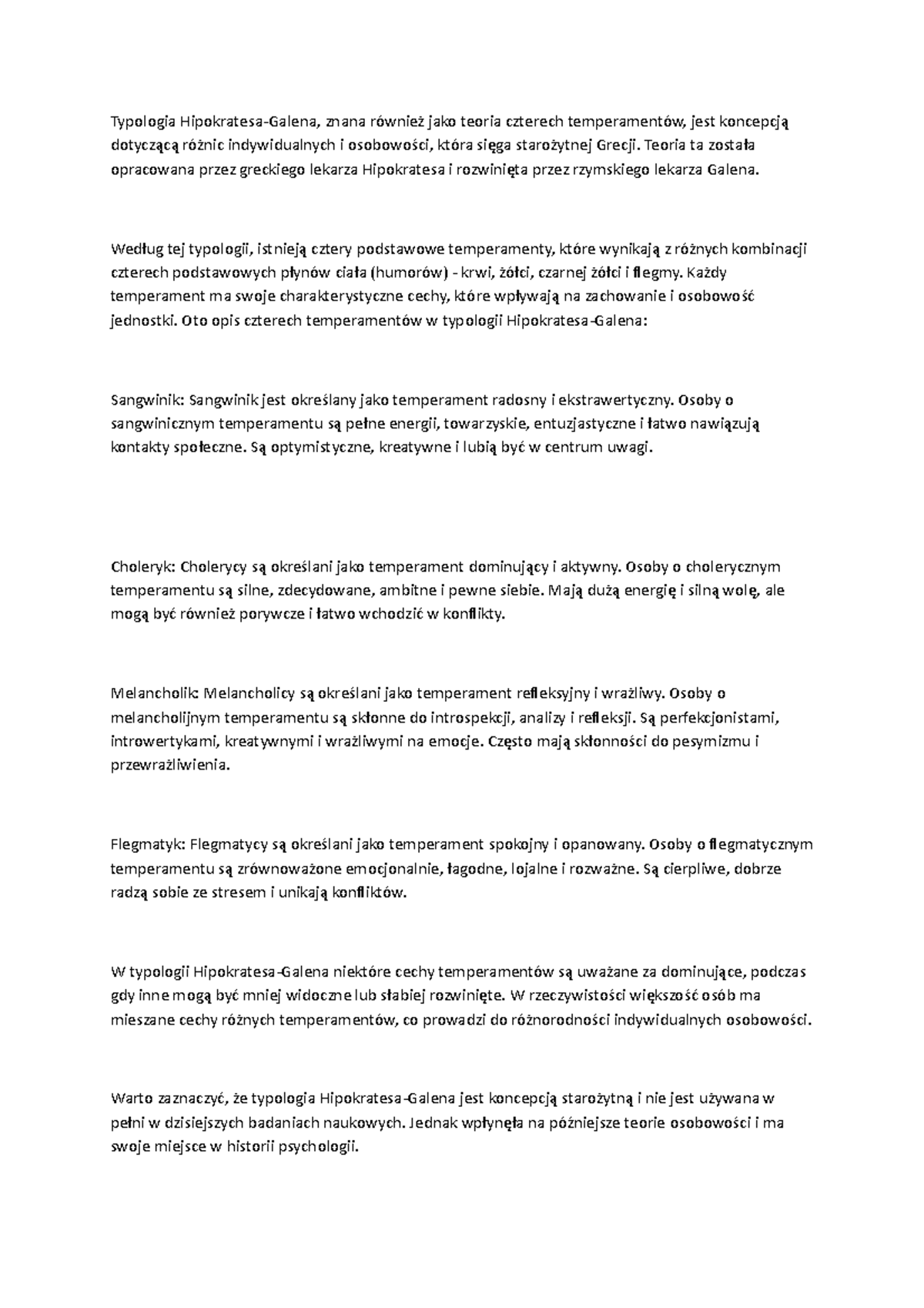 Typologia Hipokratesa-Galena: Cztery Temperamenty i Ich Cechy - Studocu