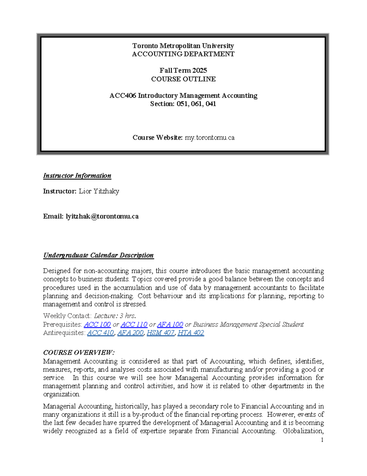 ACC406 Introductory Management Accounting Course Outline - Fall 2025 ...