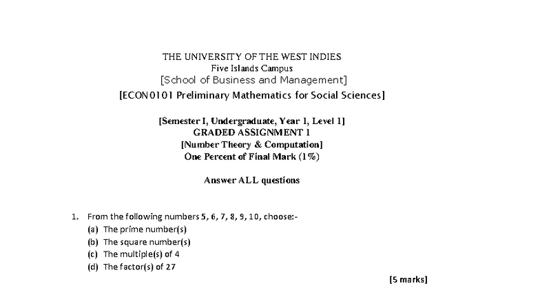 ECON0101 Assignment 1 Computation Number Theory Graded (S1) AC - THE UNIVERSITY OF THE WEST ...