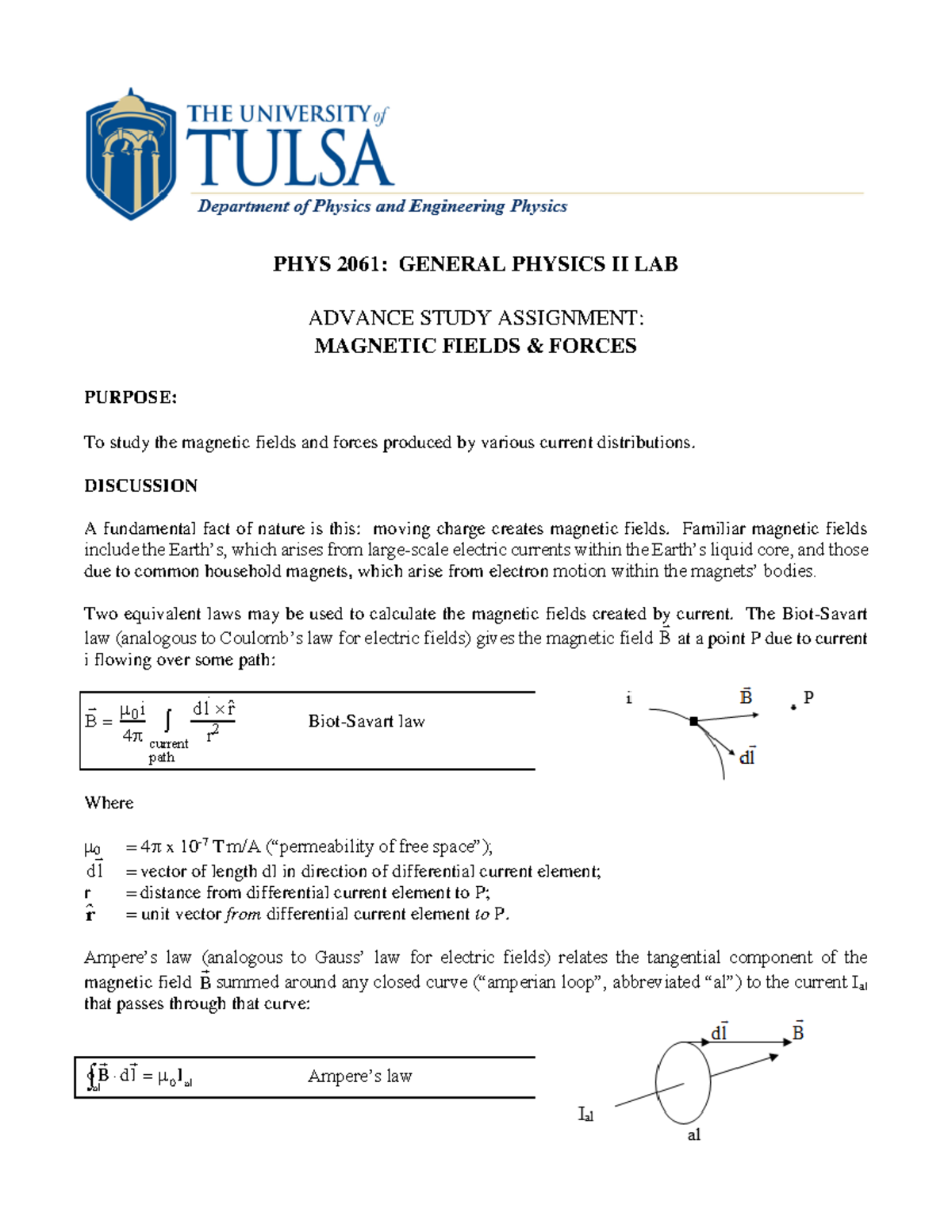 08 Magnetic Fields & Forces - PHYS 2061: GENERAL PHYSICS II LAB ADVANCE STUDY ASSIGNMENT ...