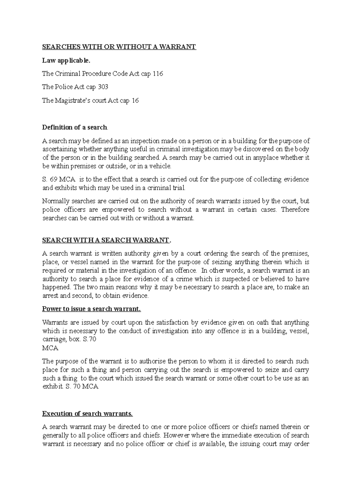 Searches Without a Warrant: Legal Framework and Implications - Studocu