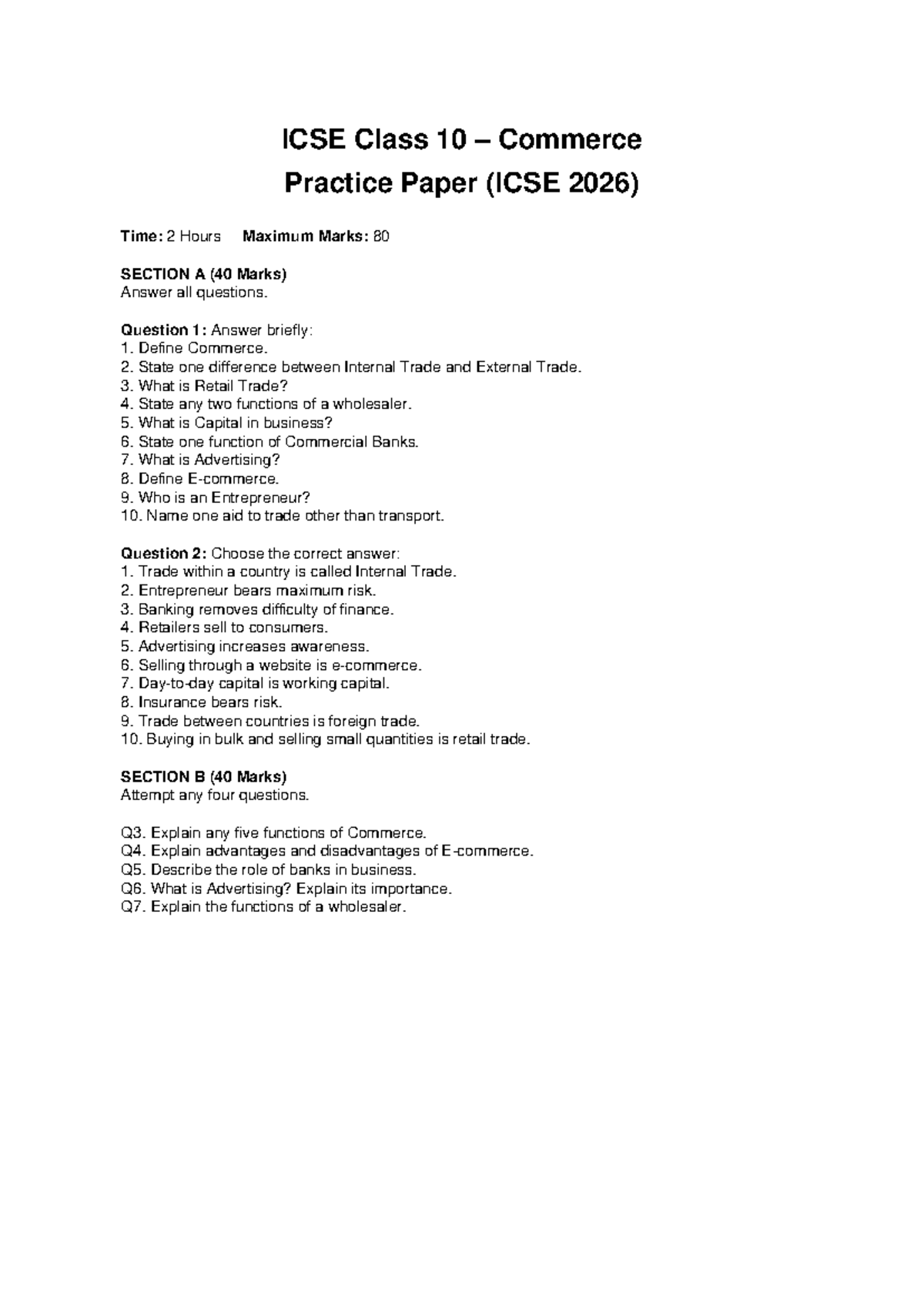 ICSE Class 10 Commerce Practice Paper (ICSE 2026) - Studocu