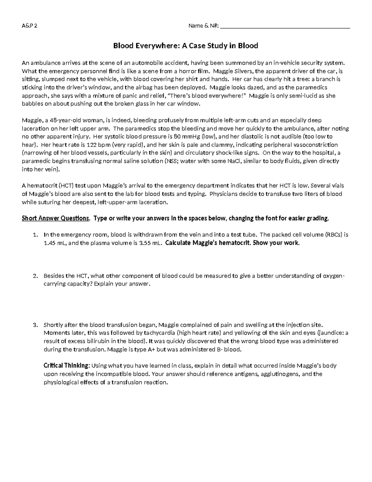 Case Study - A&P 2: Blood Everywhere & Transfusion Reactions - Studocu