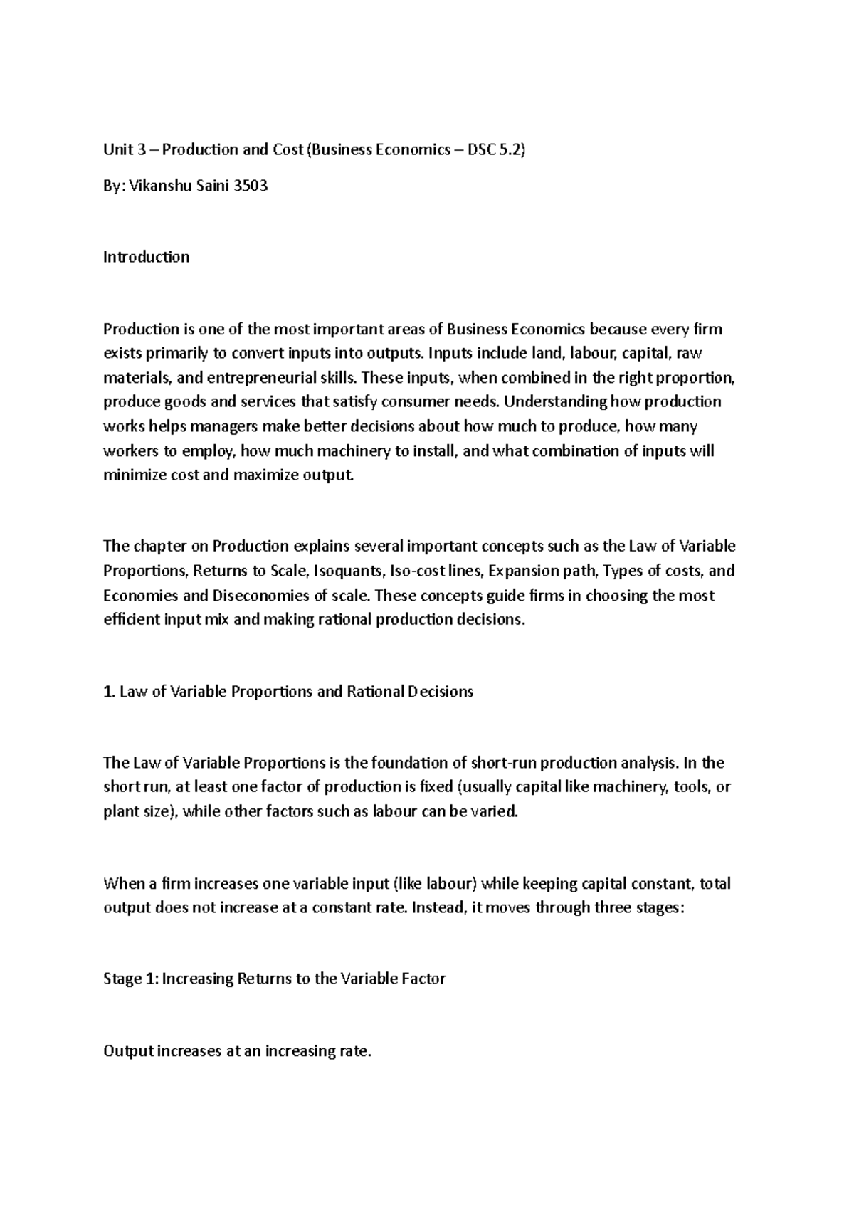 Unit 3: Production and Cost Analysis (Business Economics DSC 5.2) - Studocu