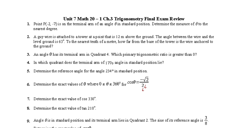 Unit 7 Math 20 1 Ch.3 Trigonometry Final Exam Review Guide - Studocu