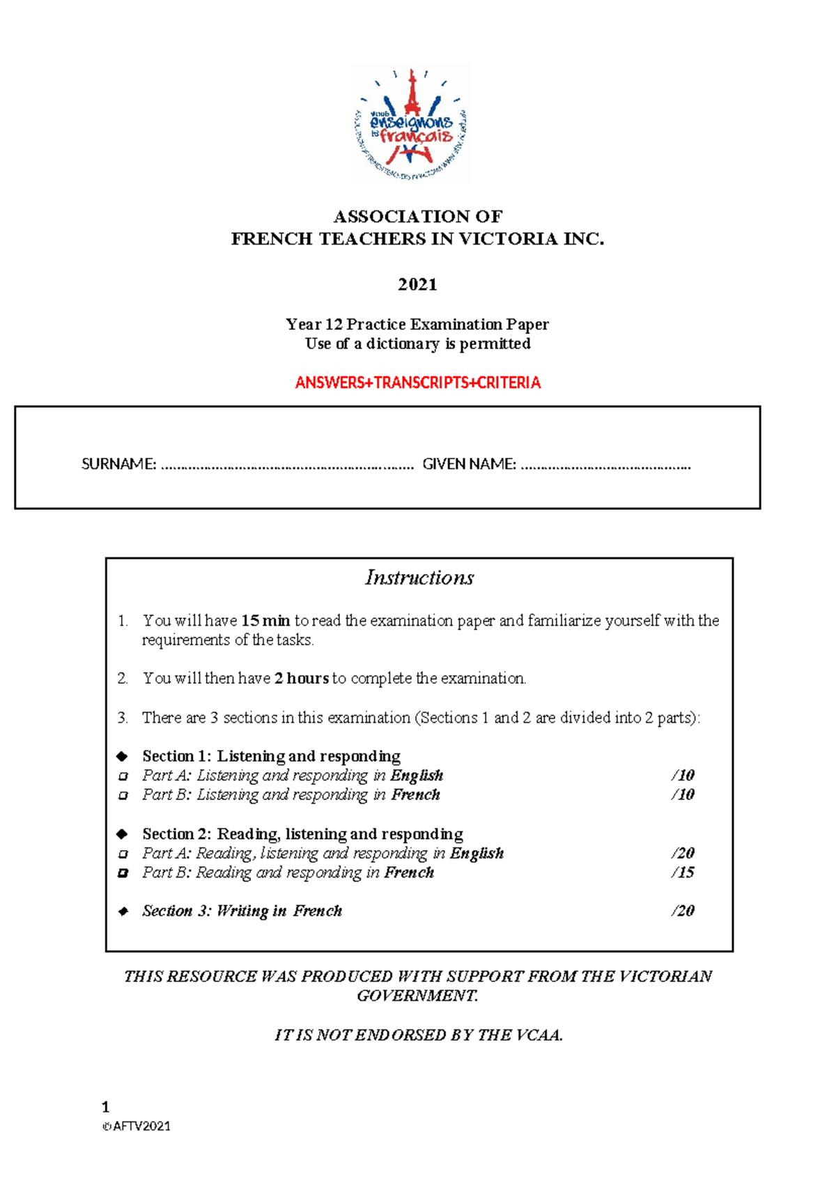 2021 AFTV Year 12 Practice Exam Marking Scheme and Guidelines - Studocu