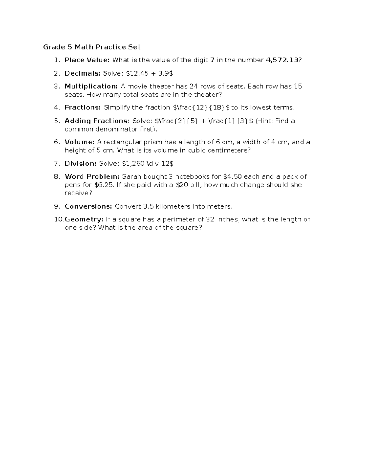 Grade 5 Math Practice Set: Place Value, Decimals, and More - Studocu