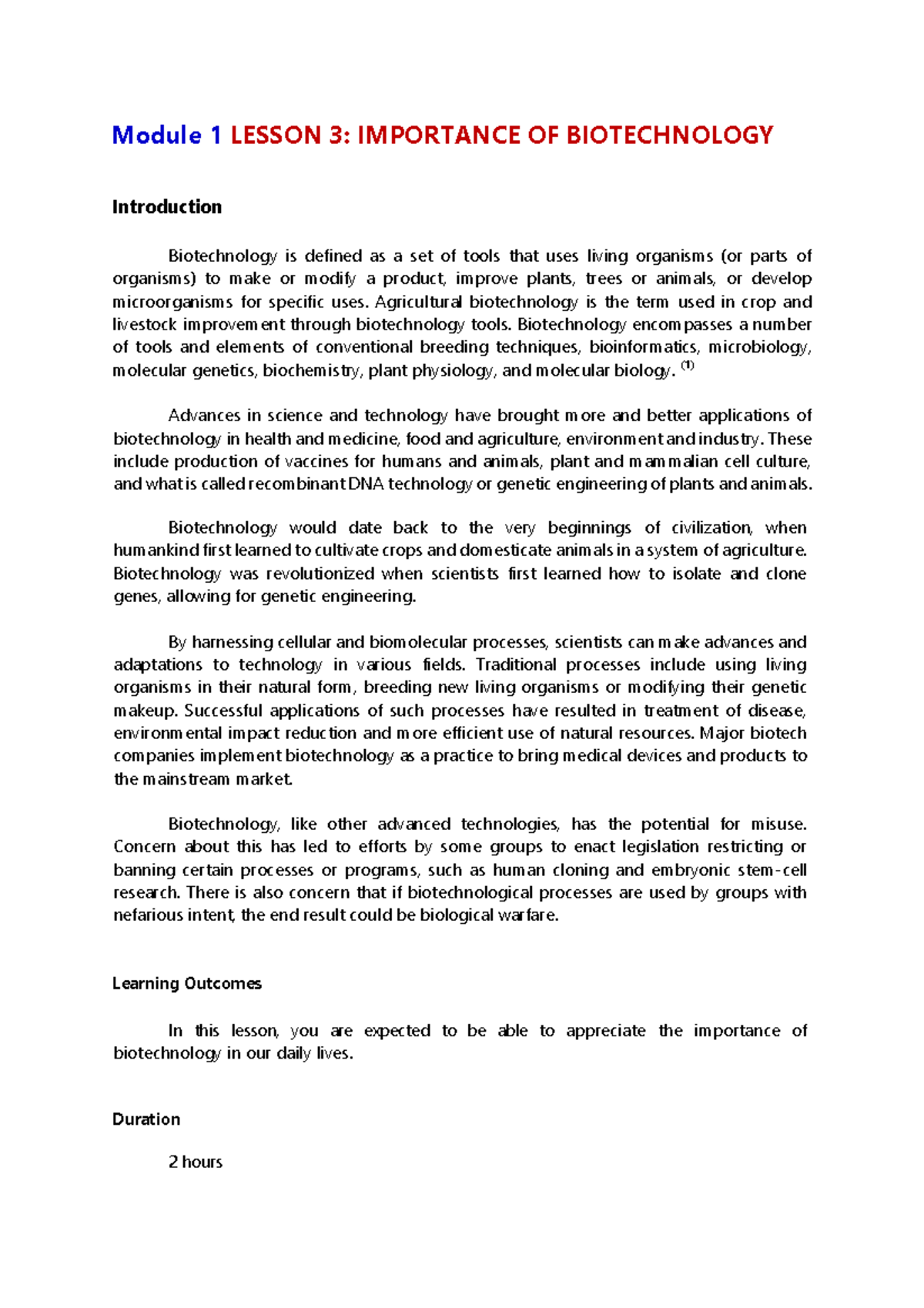 Module 1 Lesson 3: Significance and Applications of Biotechnology - Studocu