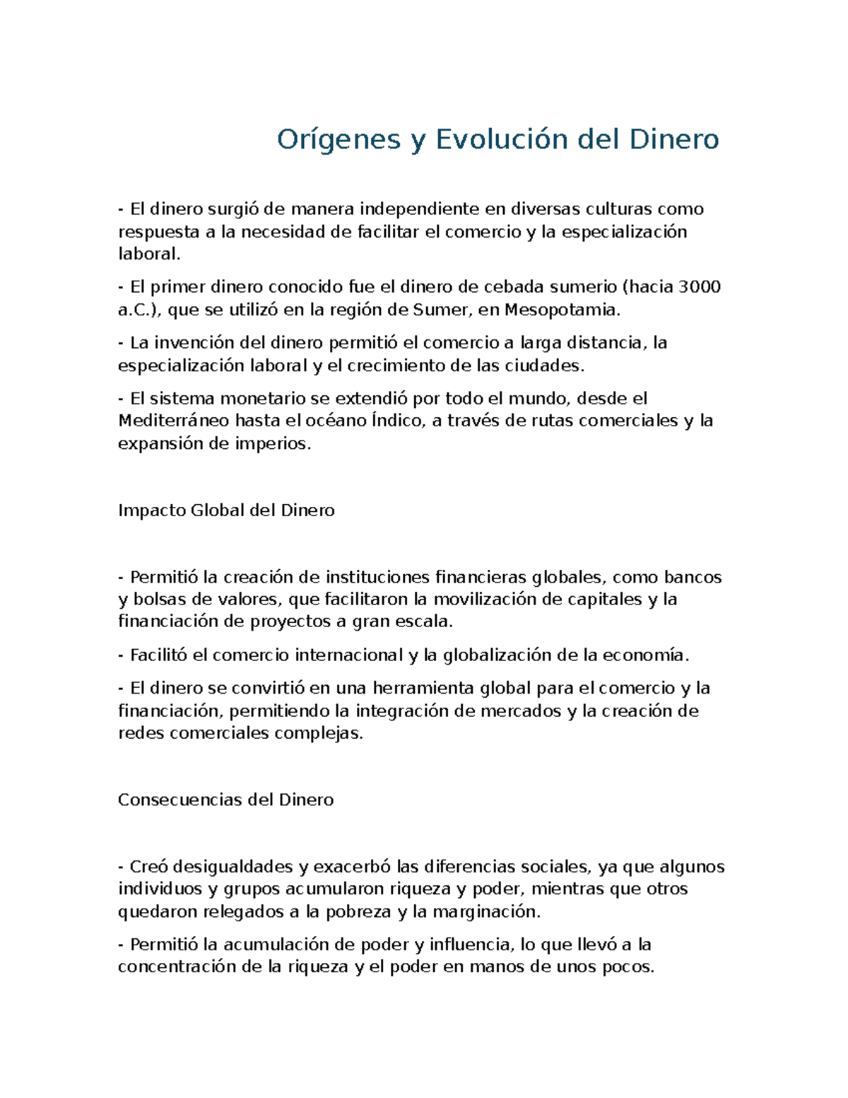 Orígenes y Evolución del Dinero: Impacto y Consecuencias - Studocu