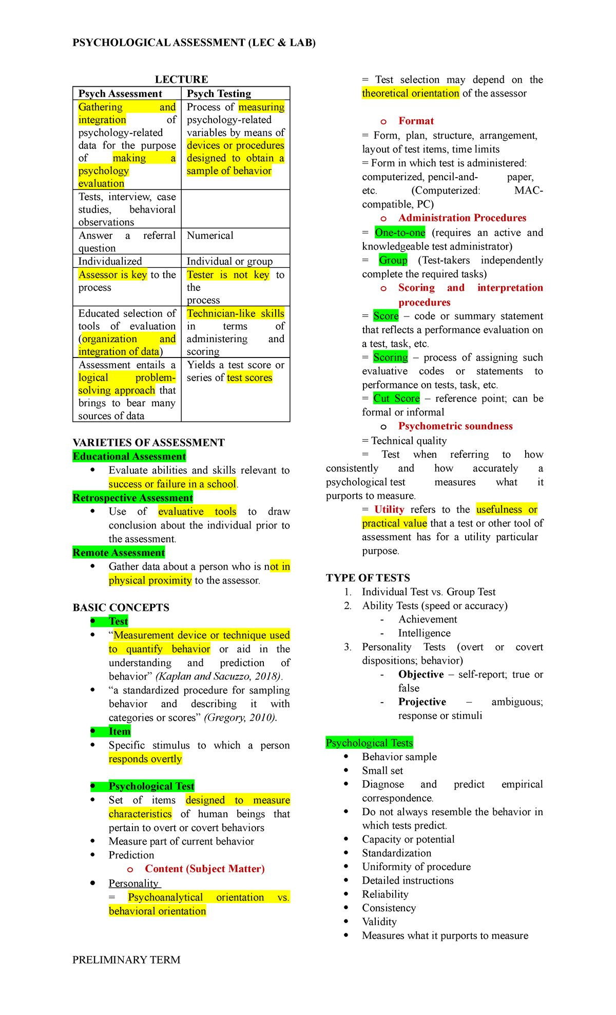 Psychological Assessment Prelim: Key Concepts and Methods - Studocu