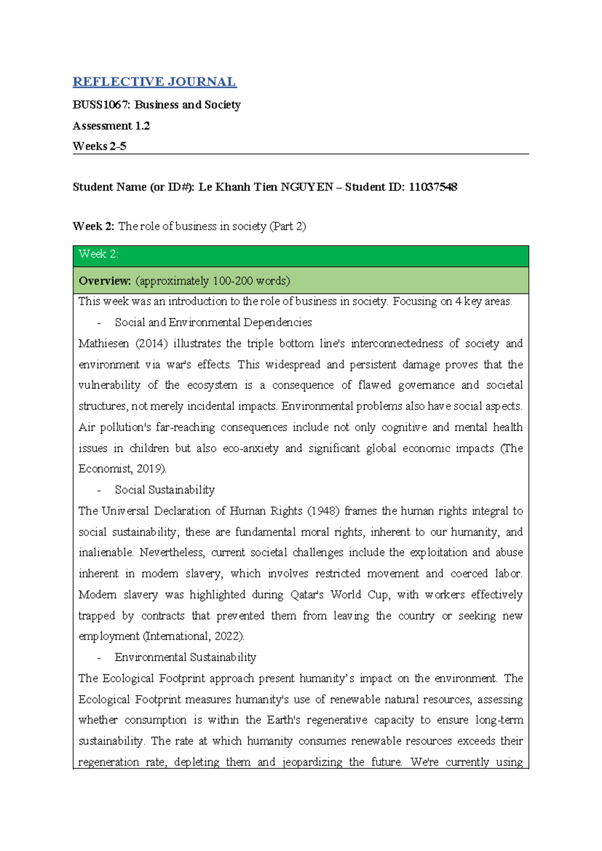 BUSS1067 Reflective Journal on Ethics and Business Ethics Themes - Studocu