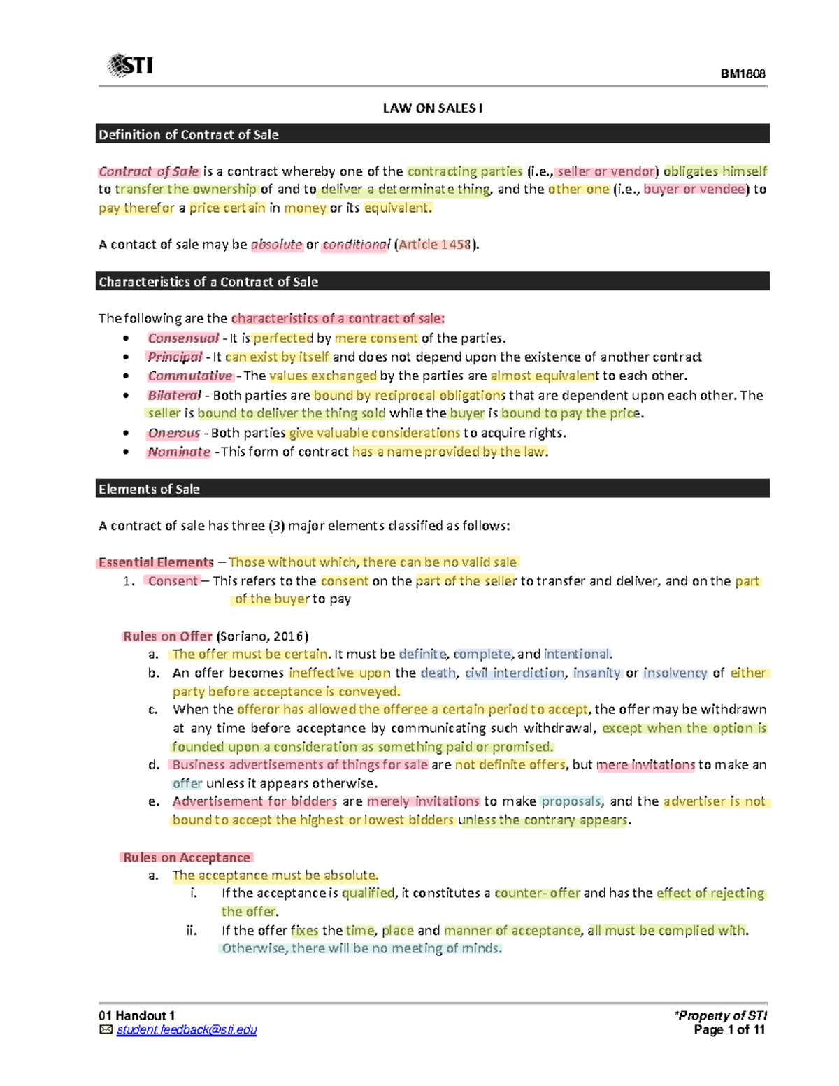 LAW ON SALES I: Rflib-01 Handout 1 Overview and Key Concepts - Studocu